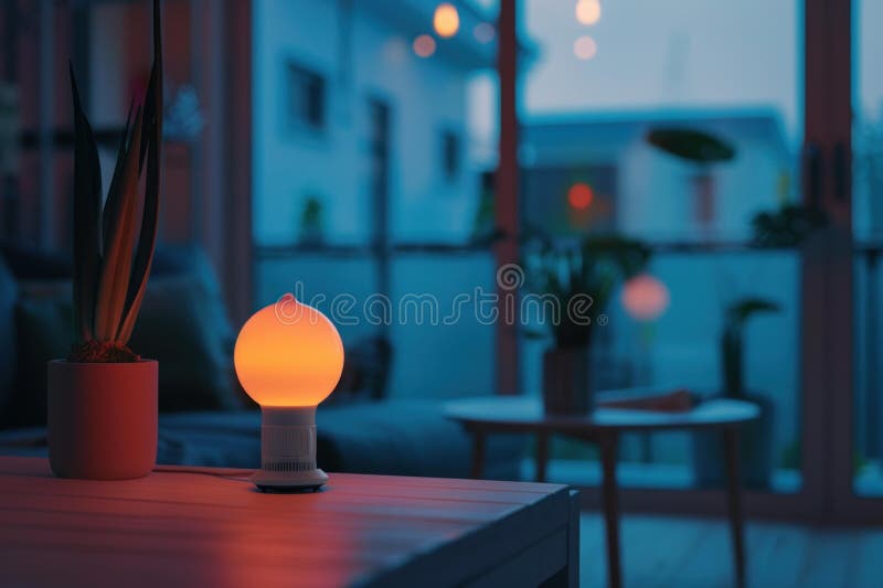 Smart Led Light Bulb Glowing on Table in Living Room at Night Stock ...