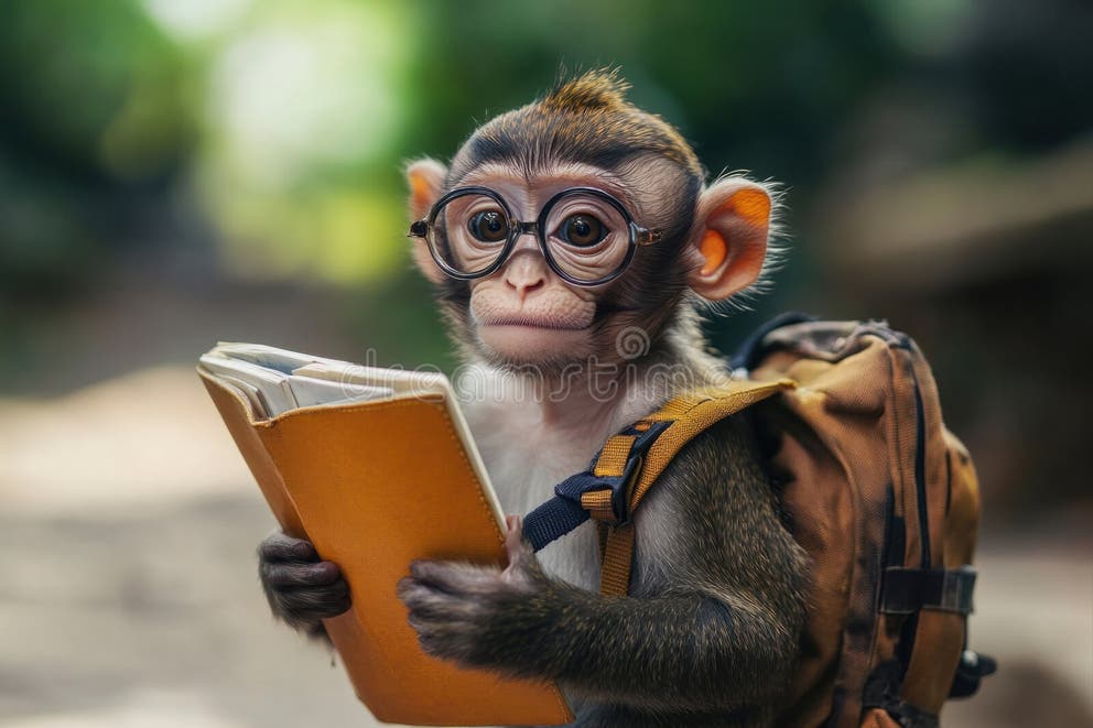 Curious Monkey Student Reading a Book and Wearing Eyeglasses and ...