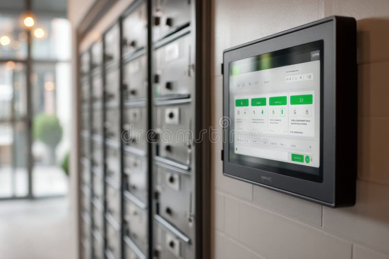 Smart Locker Wall Interface Displaying Delivered Status and Upper ...