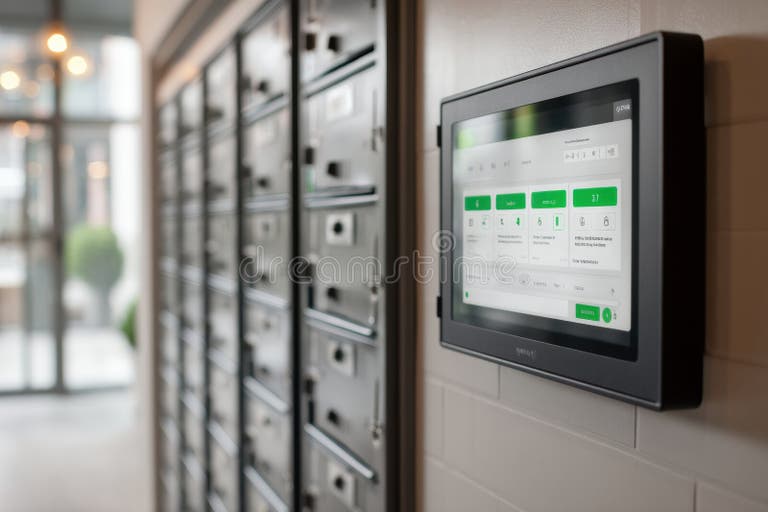 Smart Locker Wall Interface Displaying Delivered Status and Upper ...