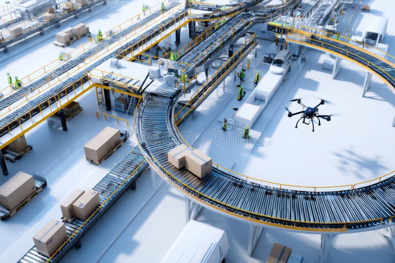 Smart Logistics City Hub Showcasing Drones and Conveyor Belts for ...