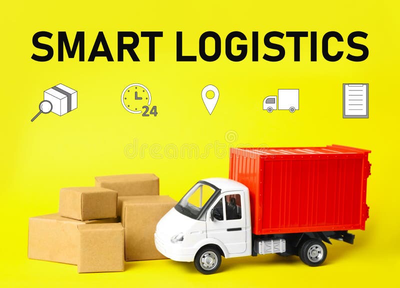 Smart Logistics Concept. Truck with Boxes and Icons on Background Stock ...