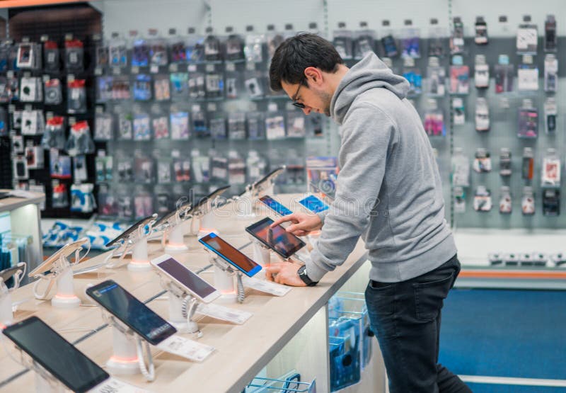 Smart Male Customer Choosing Smartphone Stock Image - Image of display ...