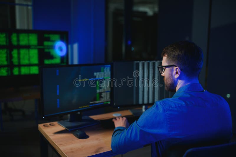 Smart Male it Programer Working on Desktop Stock Photo - Image of ...