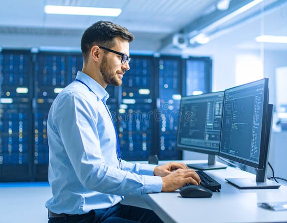 Smart Male it Programer Working on Desktop Computer Software Development Code Writing Website ...