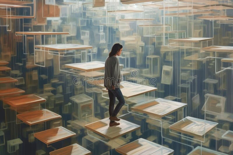 Man Exploring a Surreal Museum of Floating White Frames at Art Museum ...