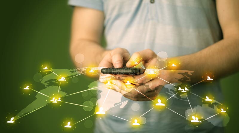 Smart Man Holding Telephone with Social Media Network Connection Stock ...