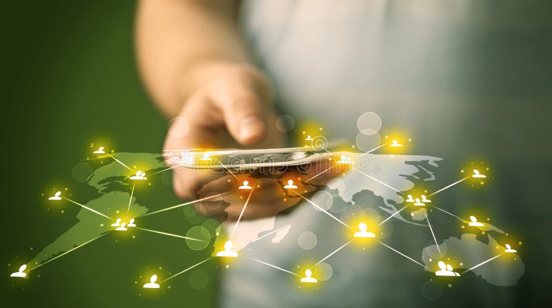 Smart Man Holding Telephone with Social Media Network Connection Stock ...