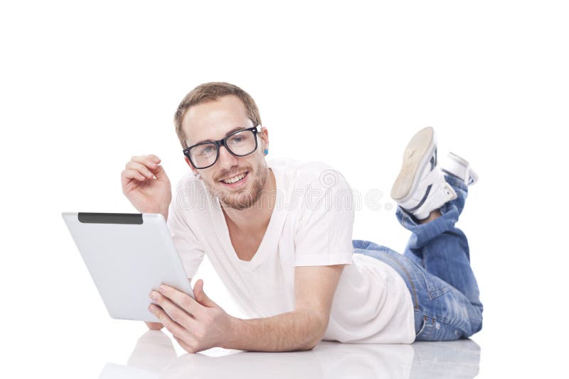 Smart Man with Tablet Computer Lying on the Floor Stock Photo - Image ...