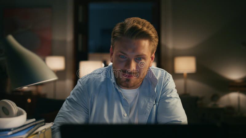 Smart Man Talking Videocall Computer at Workplace Closeup. Guy Waving ...