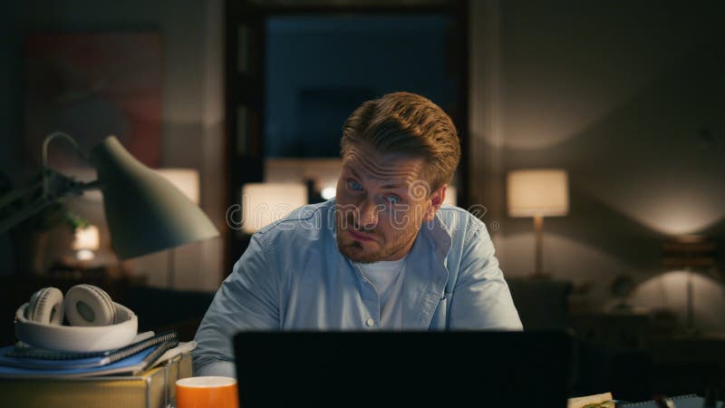 Smart Man Talking Videocall Computer at Workplace Closeup. Guy Waving ...