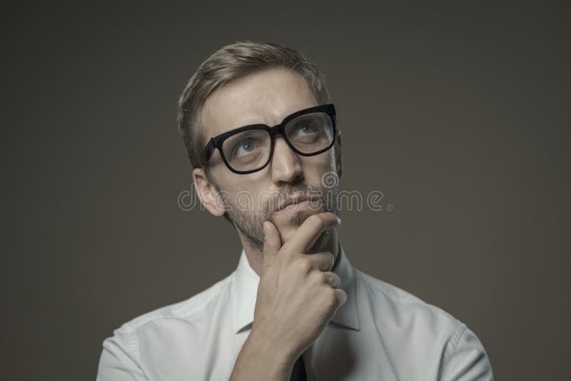 Man Thinking with Hand on Chin Stock Image - Image of american ...