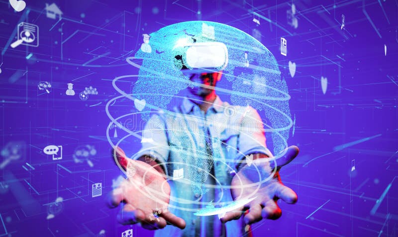Skilled Man Using VR Goggle To Connect Global Network Connection ...