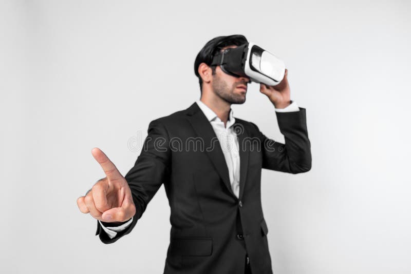 Executive Manager Looking at Data by Using VR Goggle while Pointing ...