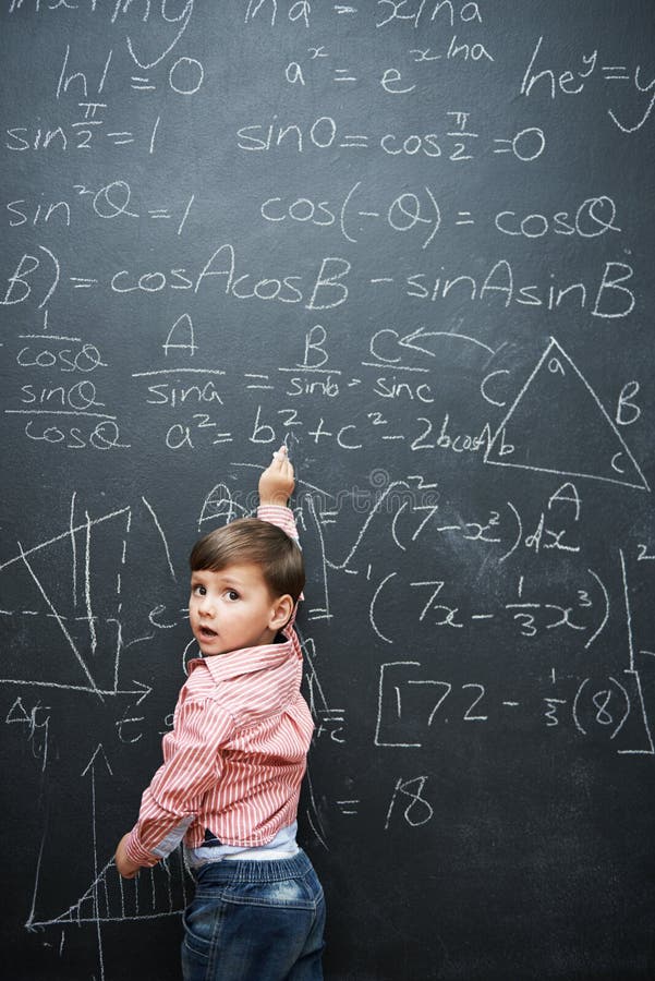 Smart, Math and Child Writing on Chalkboard in School or Classroom for ...