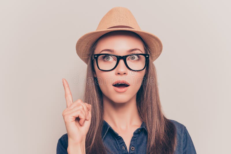 Smart Minded Woman with Raised Finger Having an Idea Stock Photo ...