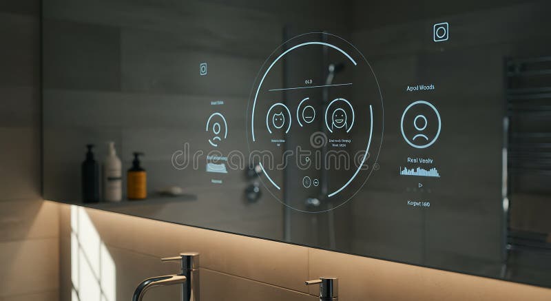 Smart Mirror Displaying Moods and Data in Modern Bathroom Setting Stock ...
