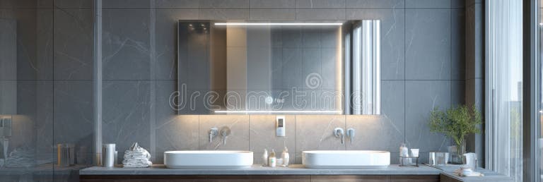 Smart Mirror with AI Interface Offers Vision Tips in a Modern Bathroom ...