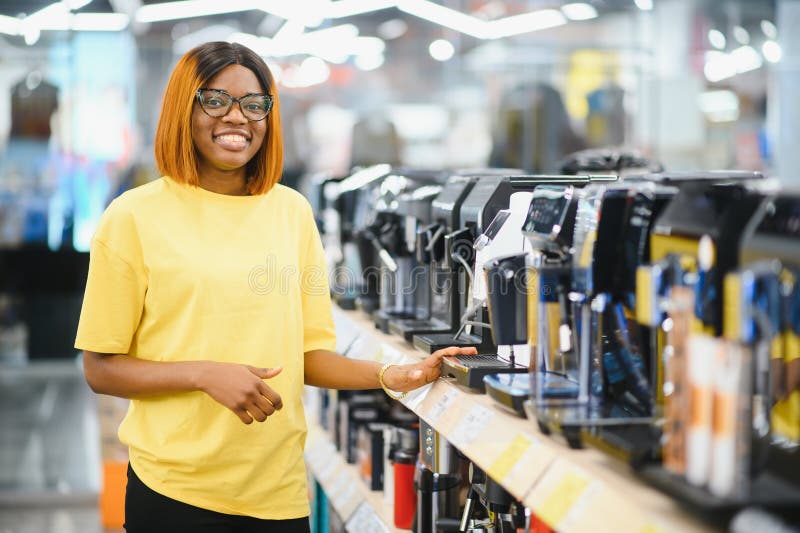 Smart Modern African American Female Customer Choosing Coffee Machine ...