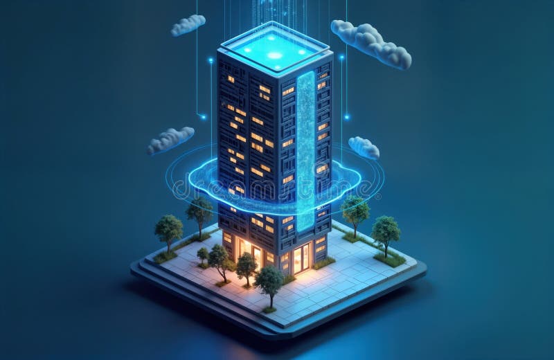 Smart Modern Building with Connected Tech. Building Lit Up at Night ...