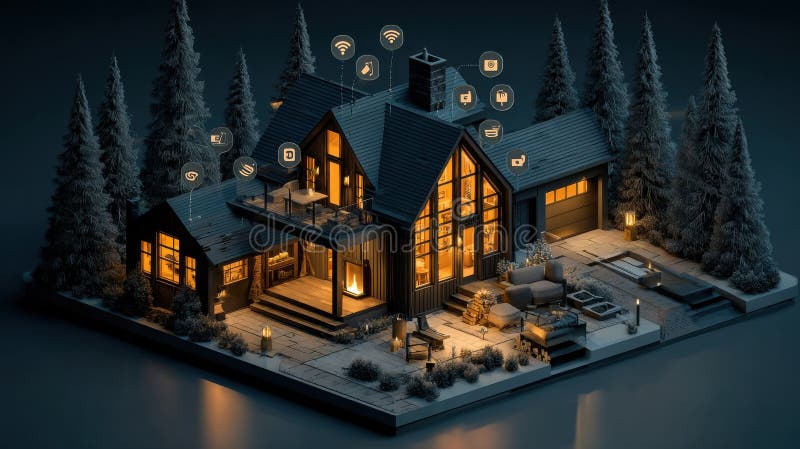 A smart modern house in the forest glows warmly at night, surrounded by ...