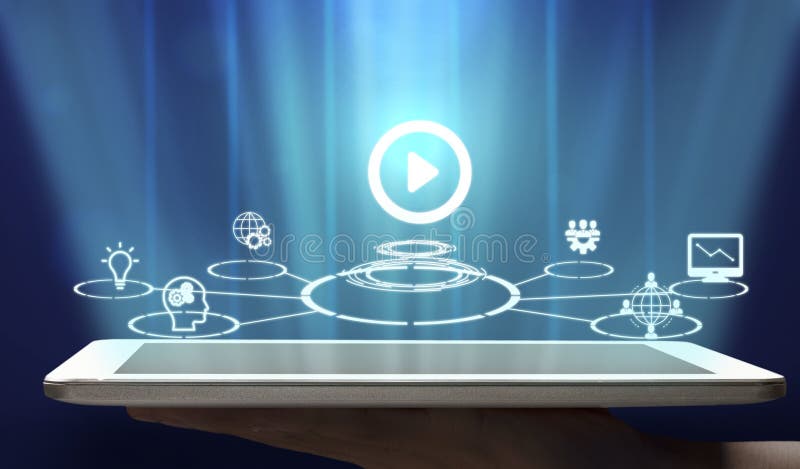 Smart Modern Technology. Hand Holds Tablet with Glowing Holograms with ...
