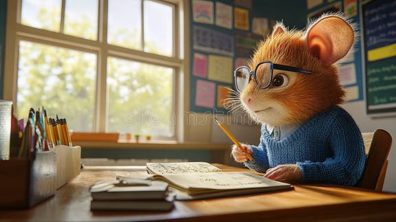 Smart Mouse Student Studying and Learning in School Classroom Stock ...