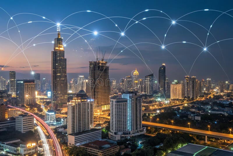 Smart Network Technology Concept with Bangkok City at Night Stock ...
