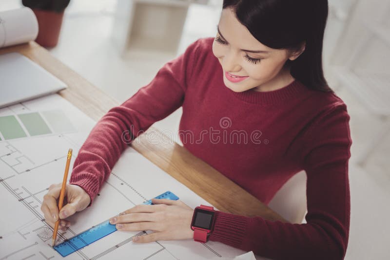 Smart Nice Woman Doing a Drawing Stock Image - Image of casual ...