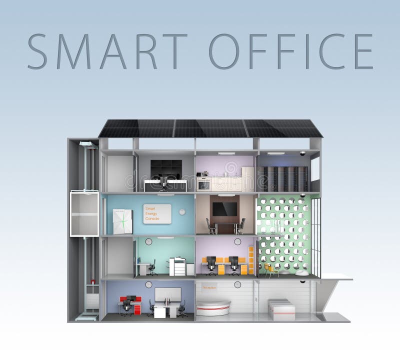 Smart Office Concept. Energy Support by Solar Panel, Storage To Battery ...