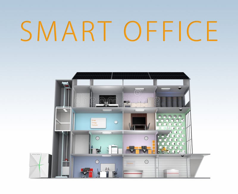 Smart Office Concept. Energy Support by Solar Panel, Storage To Battery ...