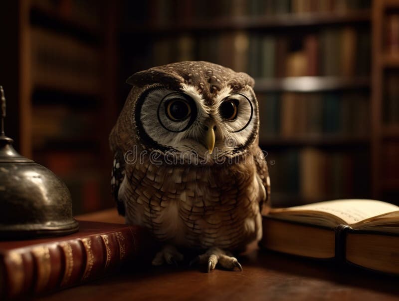 Smart Owl in Glasses in a Library through the Books Stock Photo - Image ...