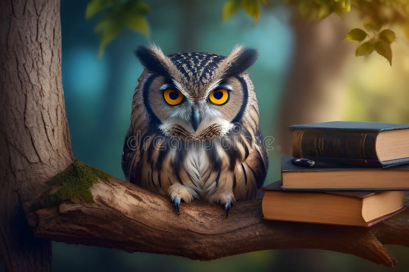 Smart Owl Reading a Book in the Forest on a Branch To Study Education ...