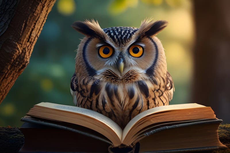 Smart Owl Reading a Book in the Forest on a Branch To Study Education ...