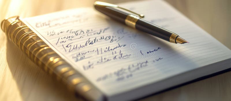 Smart Pen beside an Open Notebook with Neatly Written Business Notes ...