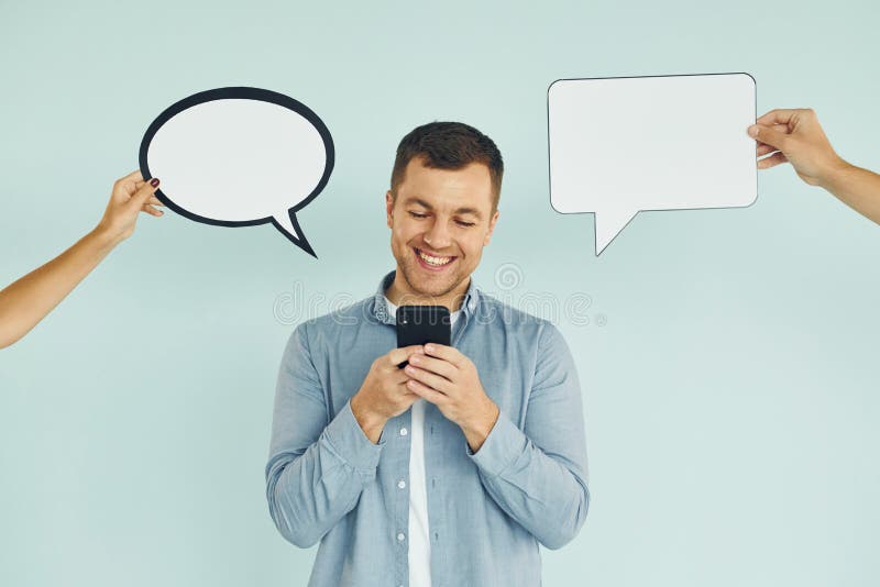 Smart Person. Man Standing in the Studio with Empty Signs for the Text ...
