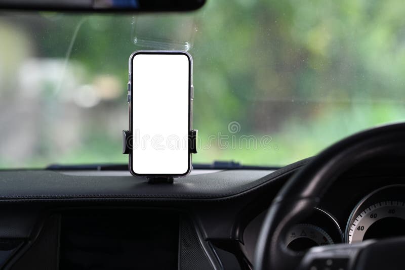 Smart Phone with Blank Screen in Car Windshield Holder. White Empty ...