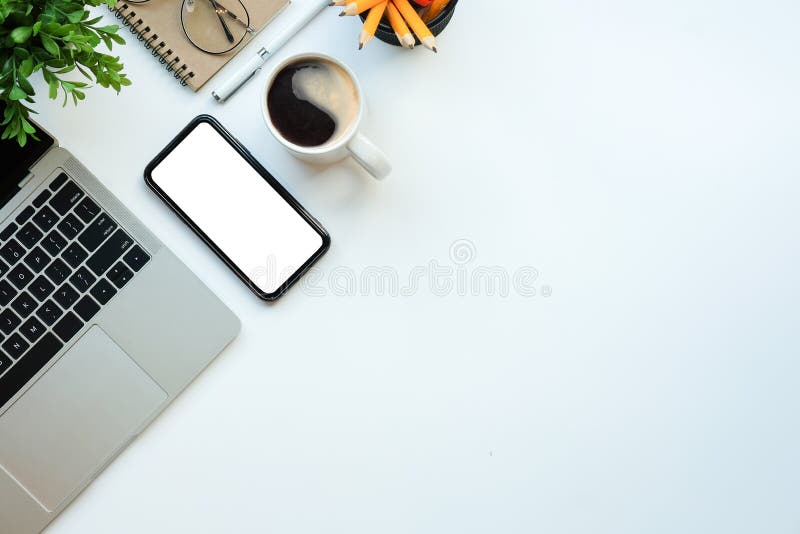 Smart Phone with Blank Screen, Laptop Computer, Coffee Cup and ...