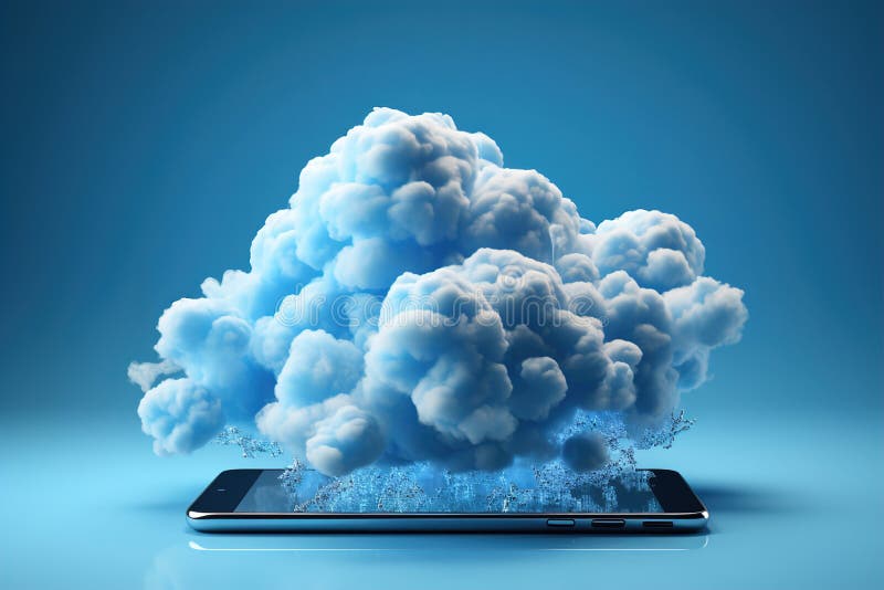 Smart Phone on Blue Base. Clouds Floating from the Screen Stock Illustration - Illustration of ...