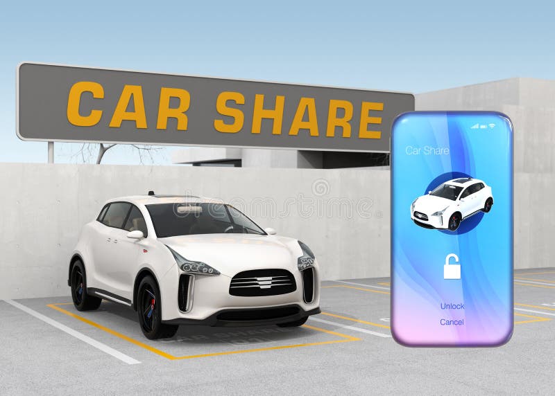 Smart Phone with Car Sharing App in Front of the White Car Stock ...
