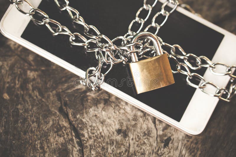 Smart Phone with Chain Padlock on Wooden Table, Mobile Safety Security ...
