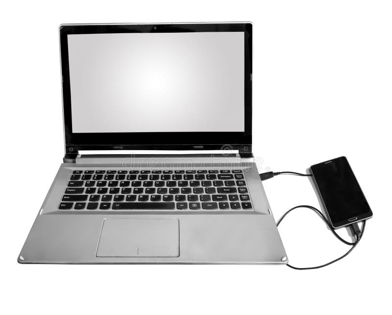 Smart Phone Connected To a Laptop through Data Cable Isolated in White ...