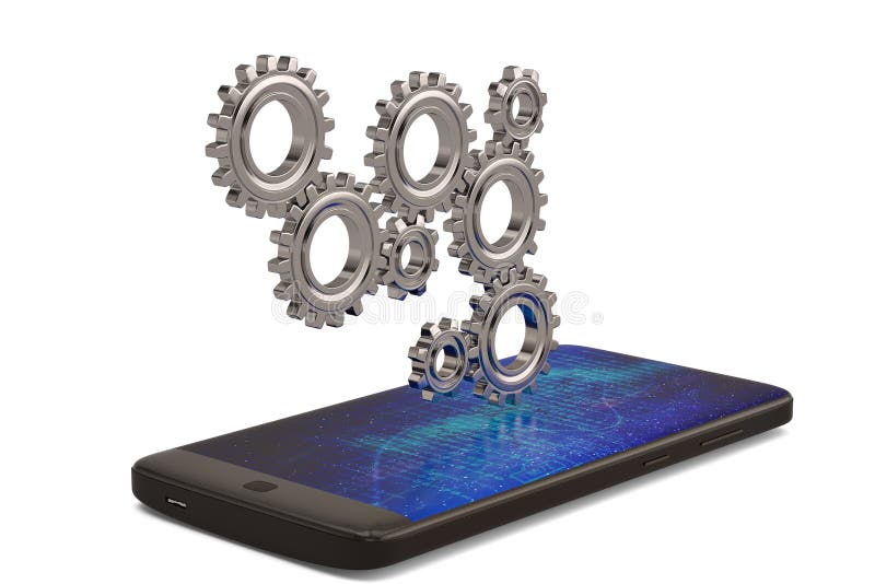 Smart Phone and Gears on White Background. 3D Illustration. Stock ...