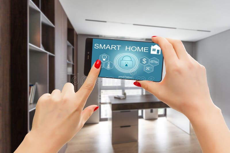 Smart Phone with Smart Home and Modern Room Stock Photo - Image of ...