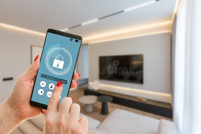 Smart Phone with Smart Home and Modern Room Stock Image - Image of ...