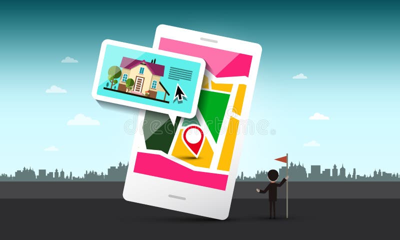 Smart Phone with House and Pin on Map Stock Vector - Illustration of ...