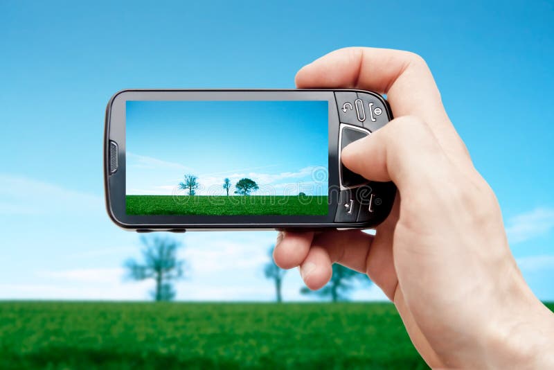 Smart Phone in Nature Landscape Stock Image - Image of visual, travel ...