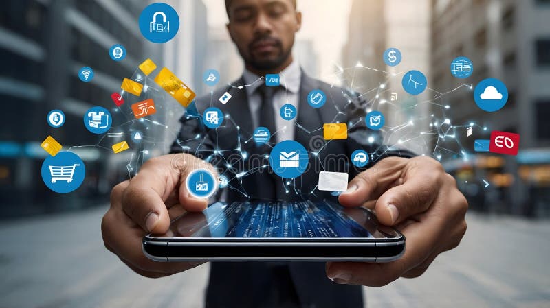 Smart Phone Payment Interface with Security Icons and Digital Currency ...