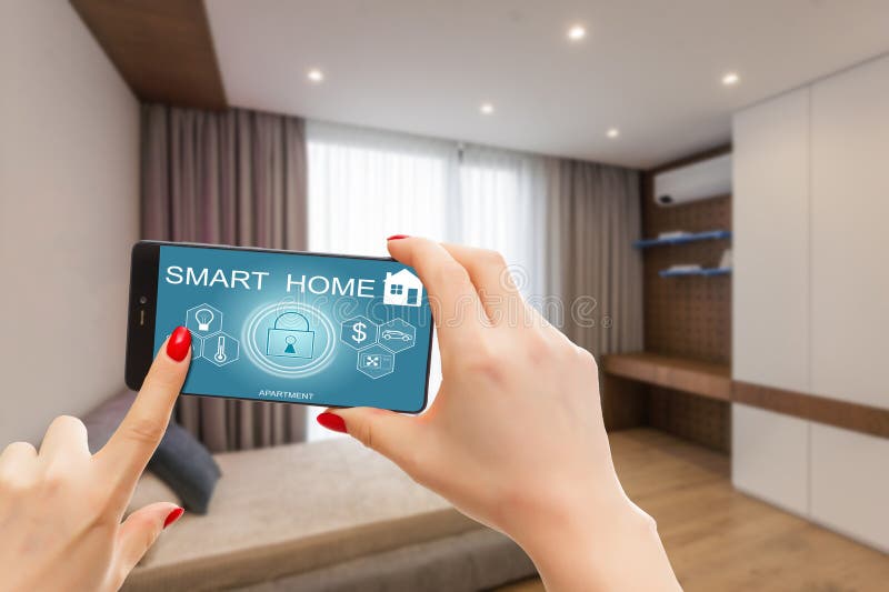 Smart Phone with Smart Home and Modern Room Stock Image - Image of home ...