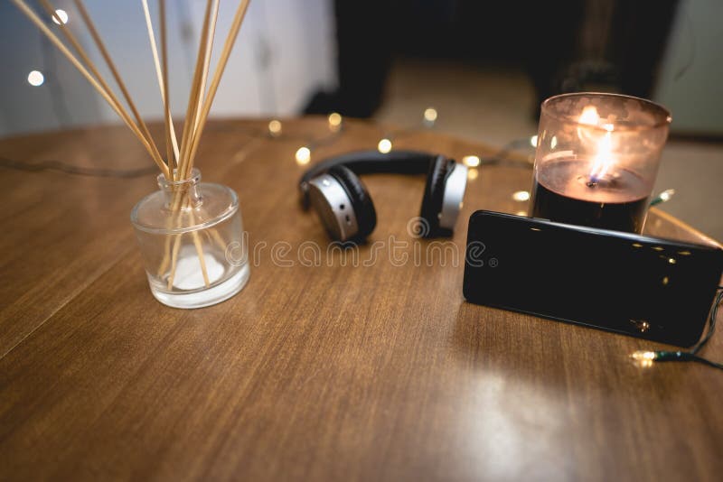 Smart Phone on Table with Decor Stock Photo - Image of lights, tabletop ...